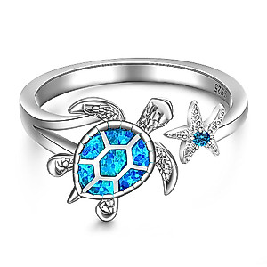Fenthring Opal Ring Sea Turtle Rings Blue Opal Sterling Silver Adjustable Turtle Jewelry Starfish Good Luck Longevity Gifts Size 8