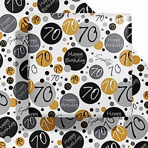 WRAPAHOLIC Birthday Wrapping Paper Sheet - 6 Sheets Black 70th Birthday Design Folded Flat for Birthday, Party, Baby Showers - 19.7 Inch X 27.5 Inch Per Sheet