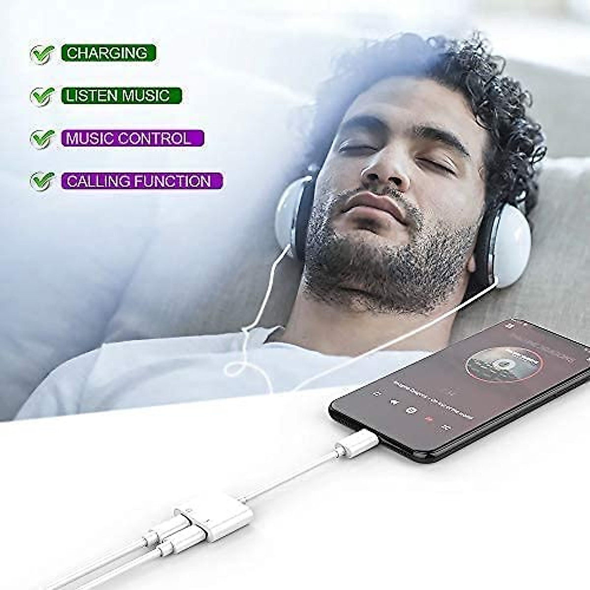 Dual Lightning Splitter for iPhone,[MFi Certified] iPhone Headphone Adapter 2 in 1 Dual Lightning Headphone Jack Audio + Charge Cable Compatible for iPhone 12/12 Pro/11/XS/XR/X 8 7/iPad/ iPod