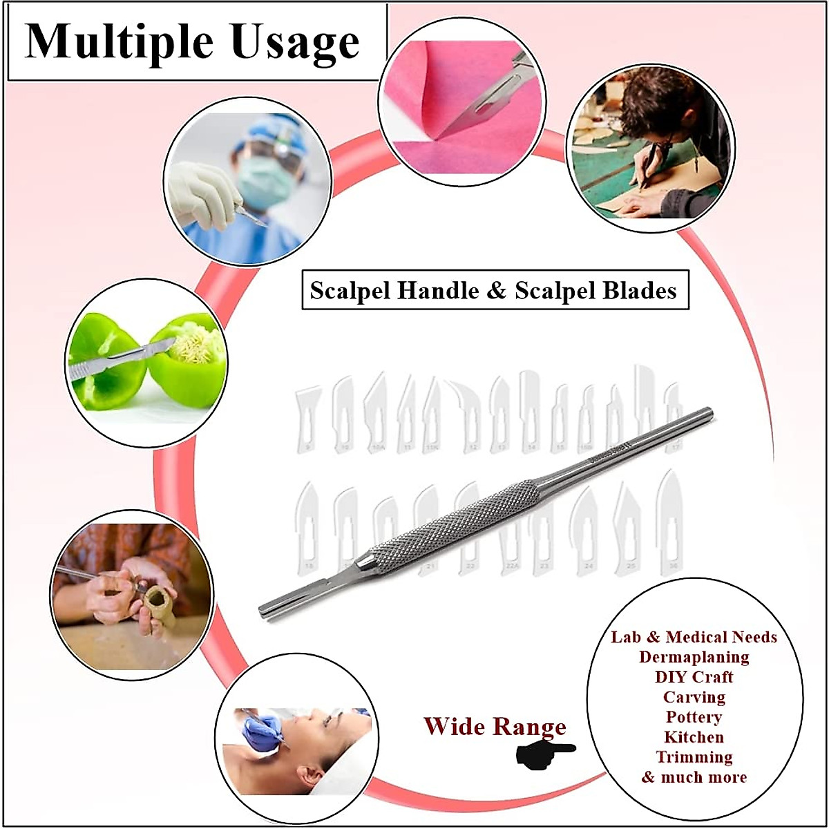 Scalpel Handle #3 Round Stainless Steel Knife, Blade Holder with Knurled Grip Fits Blades No 10-16 for Precise Cutting, Student Educational-Use Biology Labs, DIY Crafts, Model Making, Repairs + More