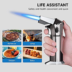 Butane Torch with Butane Fuel - Refillable Torch Lighter, Kitchen Torch for Baking, Cooking Food, Creme Brulee, BBQ, Blow Torch with Safety Lock and Adjustable Flame, 2 Cans Butane Included.