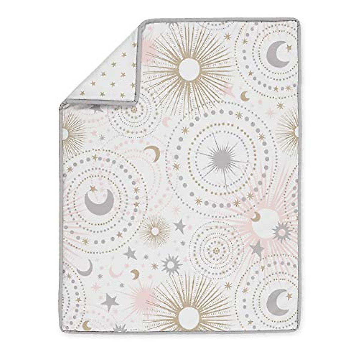 Sweet Jojo Designs Blush Pink Gold Star and Moon Girl Baby Crib Bedding Set for Infant Nursery Room Quilt, Fitted Sheet, Skirt, Diaper Stacker - 5pc - Grey Celestial Sky Stars Gray Shabby Chic