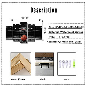 Derkymo 5 Pieces Basketball Court Pictures for Bedroom Black and White Canvas Wall Art Sports Painting Prints Artwork for Living Room Boys Room Stretched and Framed Ready to Hang 24"x40"(5 Pieces)