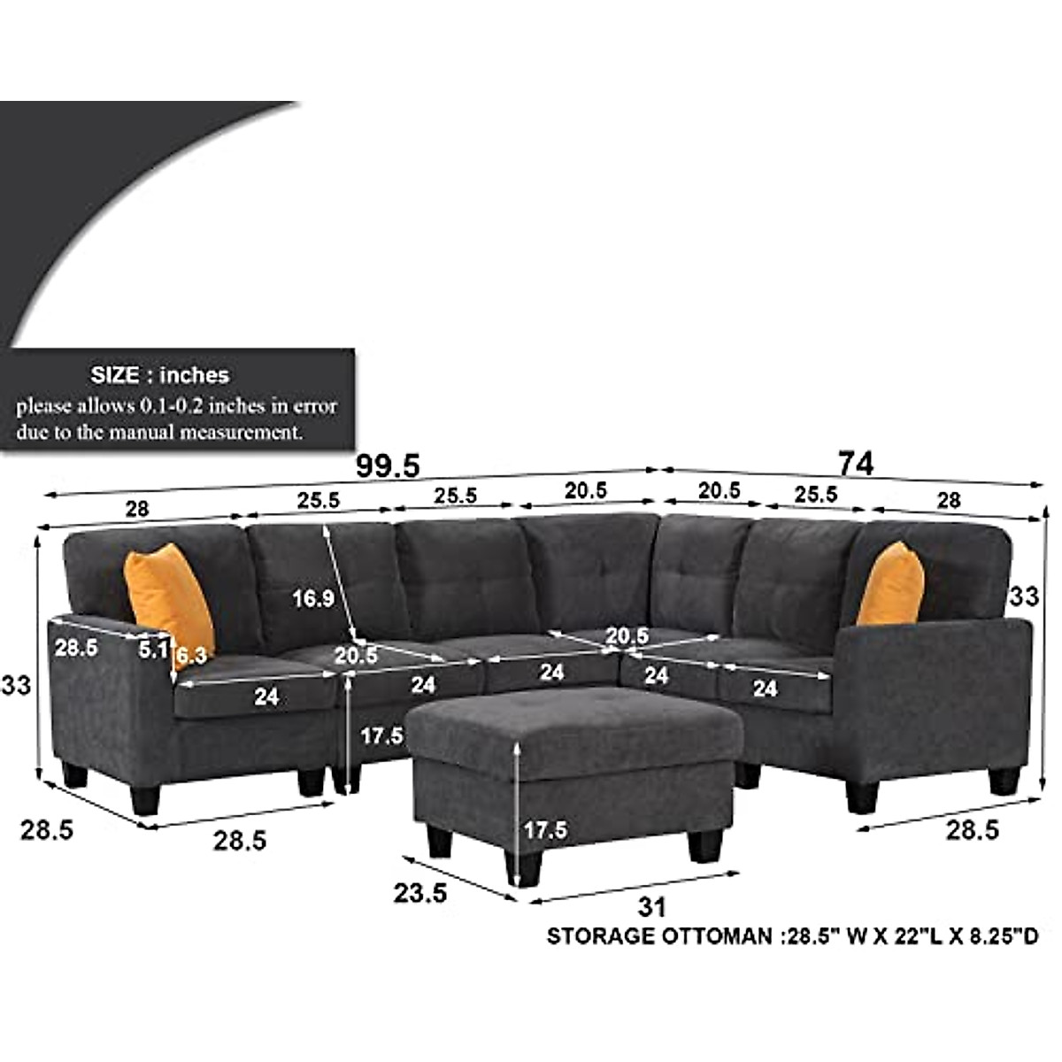 Flesser Sectional Sofa Couch with Storage Ottoman Modular Sofa Couch Reversible 6 Seater Velvet Fabric L Shape Sectional Couch for Living Room, Apartment,Home Office with Pillows (Dark Grey)