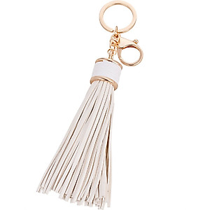 ZOONAI Women Leather Tassels Keychain Car Circle Key Rings Gift Bag Hanging Buckle (White)
