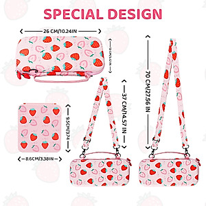 FANPL Pink Carrying Case for Nintendo Switch and Switch OLED Cover, Strawberry Travel Case Bundle with 2 Joy con Shells, 2 Thumb Grip Caps, Adjustable Shoulder Strap, Portable Switch Accessories Bag