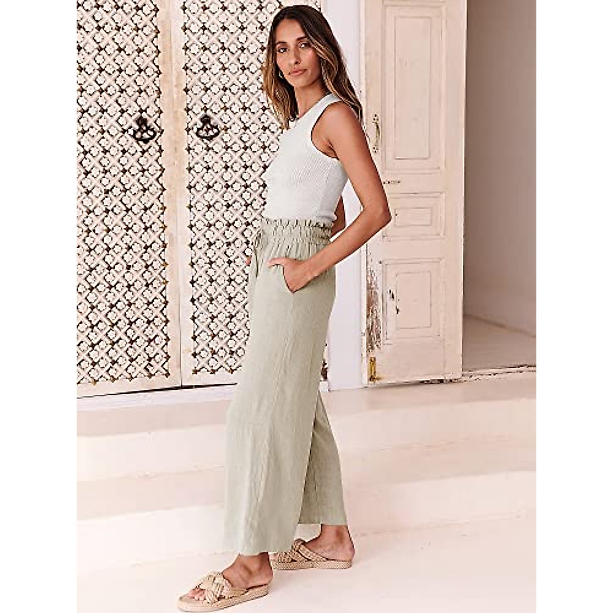 ANRABESS Women's Linen Pants Casual Loose High Waist Drawstring Wide Leg Capri Palazzo Lounge Pants Cropped Trousers Summer Boho Outfits 939maxing-S Beige