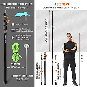 Tent Poles for Tarp, CAMULAND Telescoping Camping Gear Accessories Stakes for Hammock Rain Fly Sun Shade Adjustable Lightweight Aluminum Set of 34.5" - 110.2" Hiking, Awning/Outdoor with Carry Bag