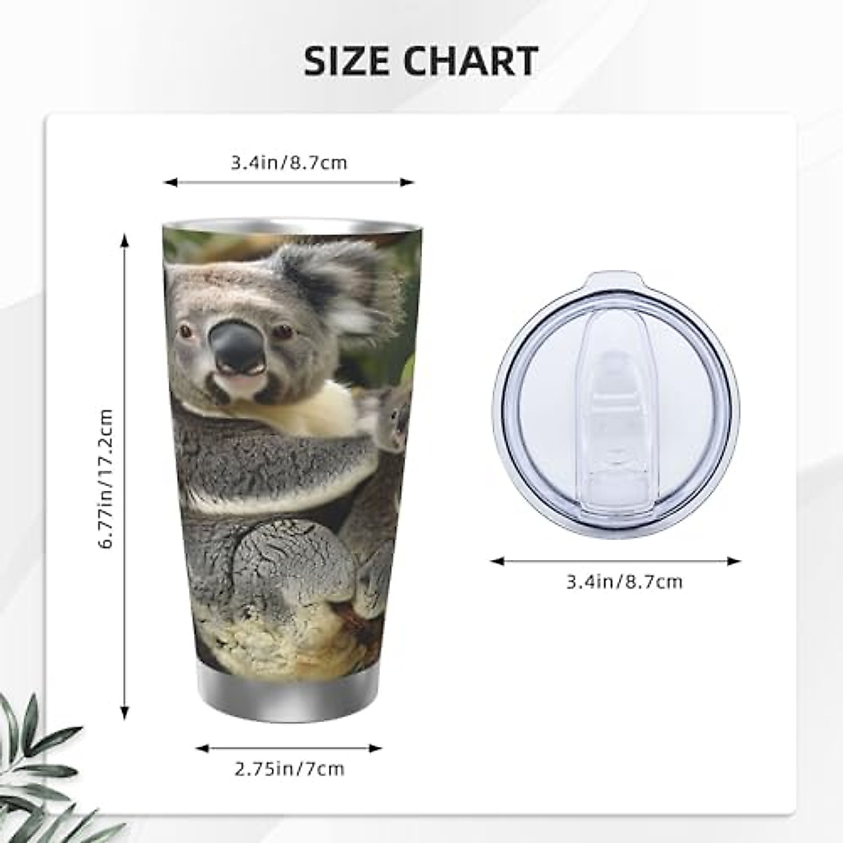 AYCZN Koala On Branch 20 OZ Tumbler Stainless Steel Travel Coffee Mug, Cute Animal Insulated Water Bottle with Lid and Straws Leakproof Thermal Cup