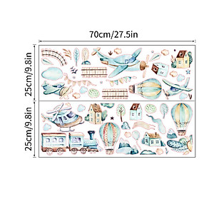 RW-KSY2 Green Airplane Hot Air Balloons Wall Decals House Tree Train Road Wall Stickers DIY Removable Countryside View Mountain Stars Cloud Decor for Kids Teens Bedroom Living Room Nursery Decoration