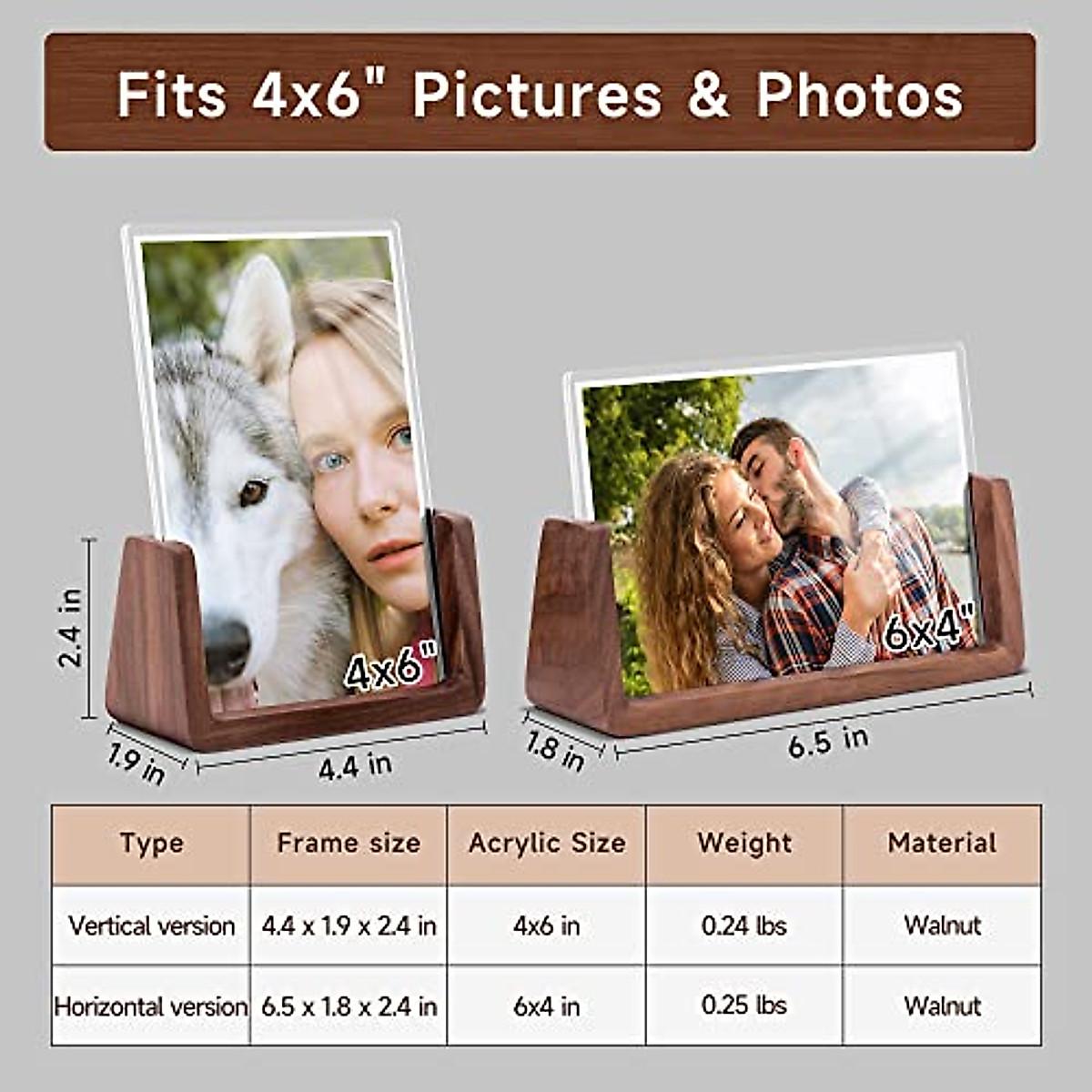 Komimaci 4x6 picture frames, Solid Rustic Wooden Photo Frames with Walnut Wood Base and High Definition Acrylic Glass Covers - 2 Pack for Tabletop or Desktop Display (4x6 inch, Horizontal + Vertical)