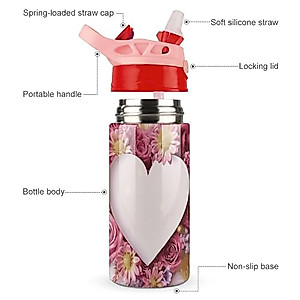 Stainless Steel Water Bottles Card Heart Shape Flowers Travel Water Cups with Handle And Silicone Straw Drinking Cup with Leak Proof Lid Thermo Travel Mug for Women Men