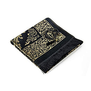Muslim Prayer Rug and Prayer Beads with Elegant Design Cylinder Gift Box | Janamaz | Sajadah | Soft Islamic Prayer Rug | Islamic Gifts Set | Prayer Carpet Mat, Taffeta Fabric, Black