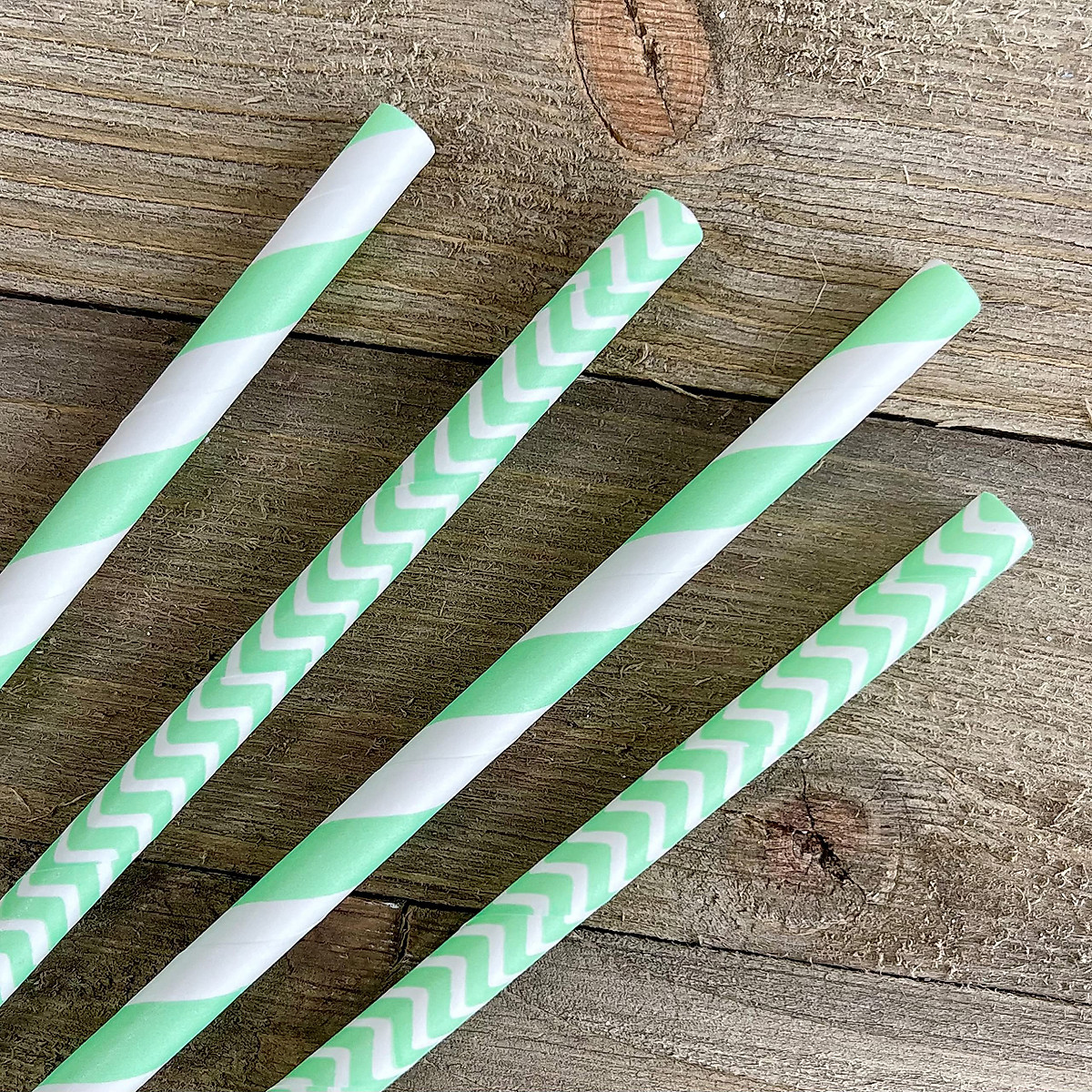 Paper Drinking Straws - Mint Green White - Stripe Chevron - 7.75 Inches - 100 Pack - Outside the Box Papers Brand