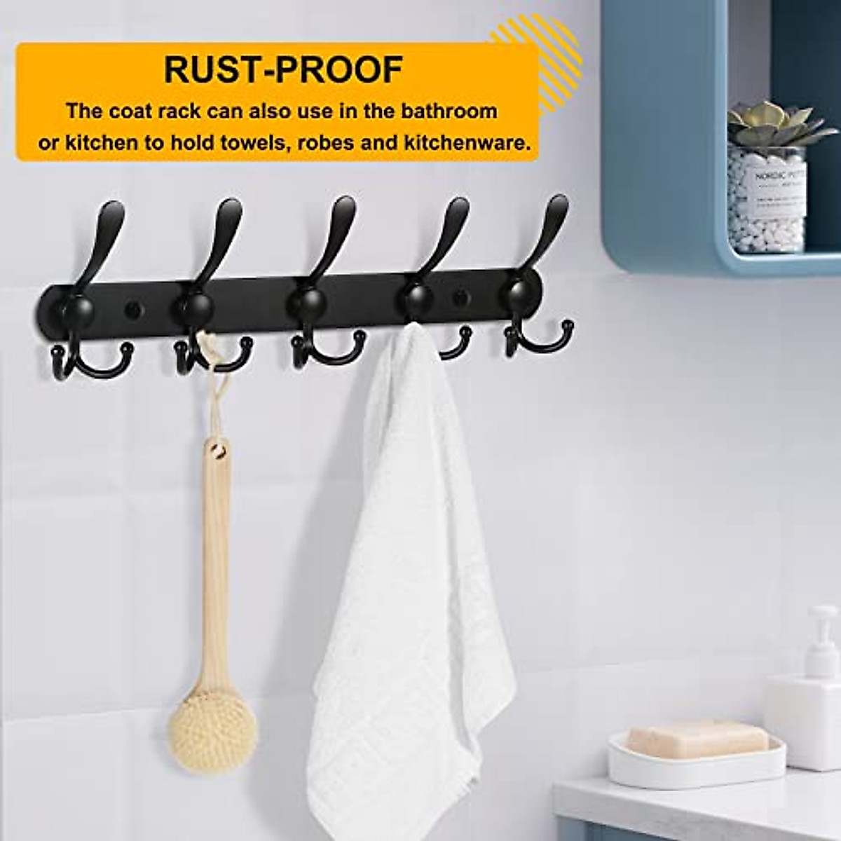 TBMax Coat Rack Wall Mounted - 2 Pack Sturdy Metal Coat Hook Rail with 5 Tri Hooks for Coat Hat Towel Purse Robes Mudroom Bathroom Entryway -Black