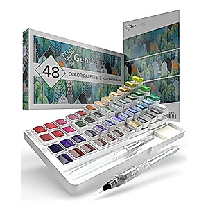 GenCrafts Watercolor Paint Palette with Bonus Paper Pad Includes 48 Premium Colors - 2 Refillable Water Blending Brush Pens - No Mess Storage Case - 15 Sheets of Water Color Paper - Portable Painting