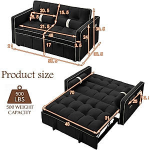 GEEVIVO Pull Out Sofa Bed, 55.5" Loveseat Sleeper Sofa Bed, with Side Pocket Storage, Adjustable Backrest and Waist Pillow, Suitable for Small Space, Living Room, Bedroom, Office(Black)