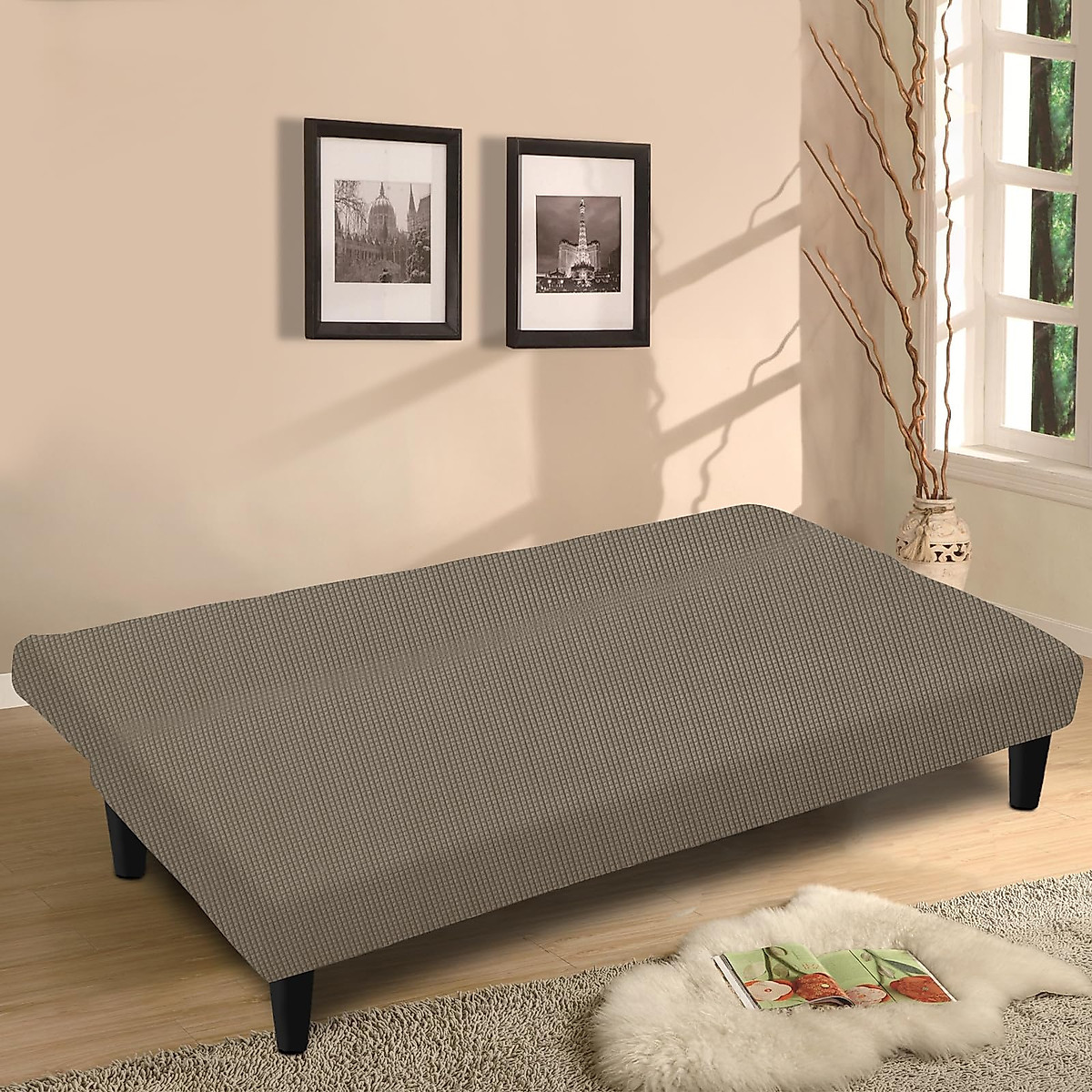 FIGOOO Armless Futon Cover Stretch Armless Sofa Slipcover Spandex Elastic Universal Armless Sofa Bed Cover Furniture Protector Without Armrests Armless Loveseat Slipcover for Dog Cat,Khaki