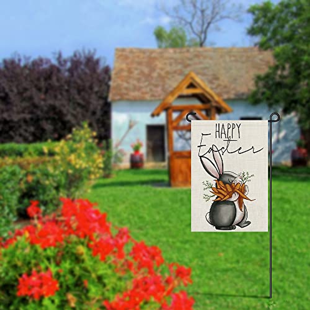 Happy Easter Bunny Garden Flag 12x18 Inch Burlap Double Sided Outside, Easter Carrot Sign Yard Outdoor Decoration DF216