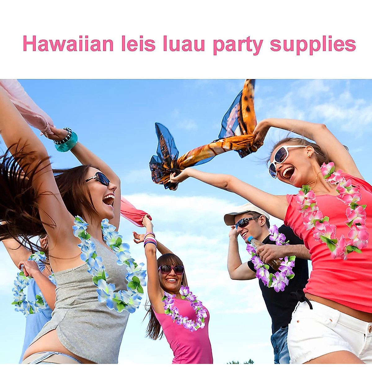 6 Pcs Thicken 41 Inch Hawaiian Leis with Green Leaves, 3 Color Lei for Graduation Party, Dance Party, Photo Prop in Outdoors(New 3 colors)