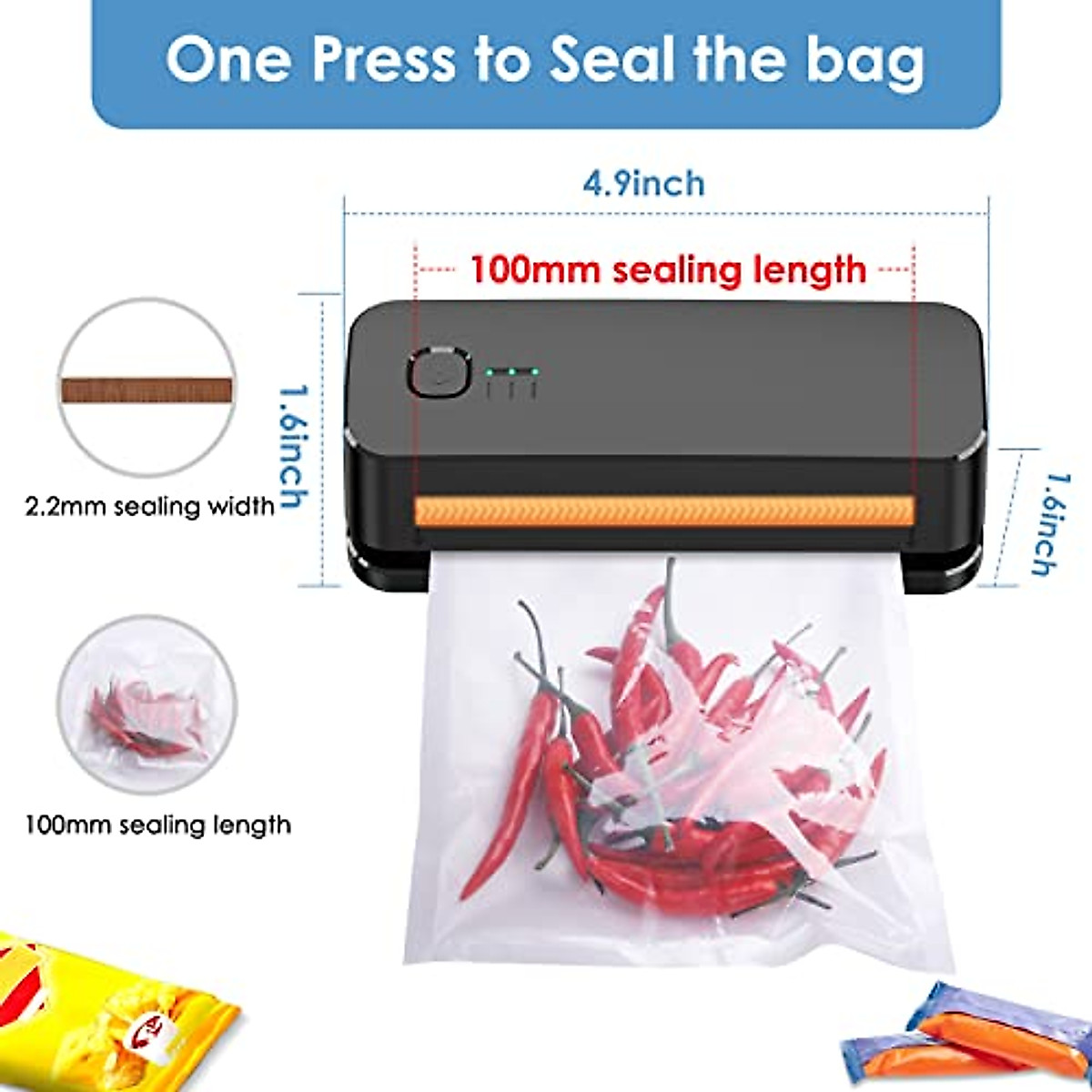 ODSD Bag Sealer Rechargeable, 3.9 inch Heating Length Mini Bag Resealer Portable Vacuum Sealer Machine Kitchen Gadget & 3 Sealing Gear, One Press to Quick Heat Seal for Mylar Food Plastic Chip Bags