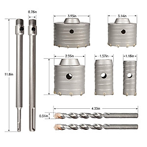 YOSIGHT 9Pcs Masonry Concrete Hole Saw Kit, Tungsten Carbide 300 mm SDS Plus and SDS Max Bit Shank Diamond Core Drill Bits Set (30 40 65 80 100 mm), Hole Saw Set for Concrete Brick Stone Cement Tile