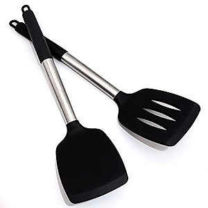 Silicone Spatula Heat Resistant Silicone Handle 2-Piece Set Black Slotted Turner Flexible Silicone Spatula Nonstick Turner Set for Fried Egg, Barbecue, Hamburg