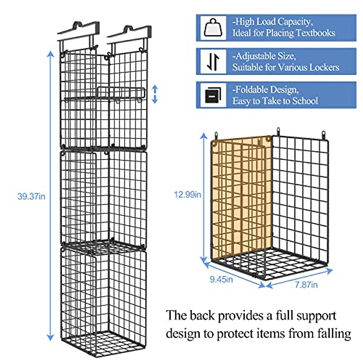 Keomaisyto 3-Shelf Hanging Locker Organizer for School, Upgraded School Locker Shelf with Adjustable Dividers & Hooks, 13-39" High Adjustable Locker Organizer for School/Work/Gym/Office Storage, Black