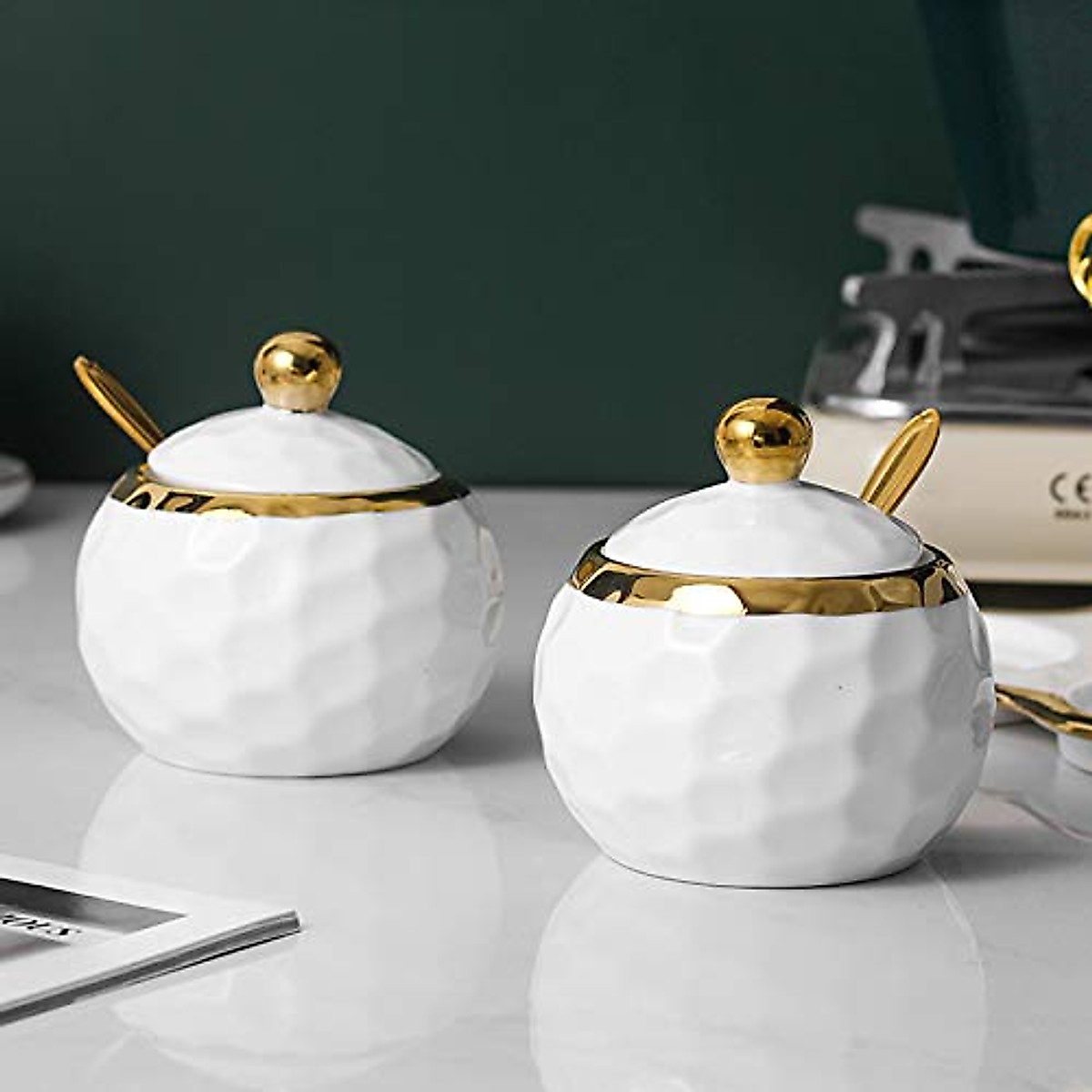 BIHOIB Golf Porcelain Sugar Bowl Condiment Pot Salt Container with Lid, Spoon and Tray, Set of 3, Modern Spice Box Seasoning Jar, White and Gold