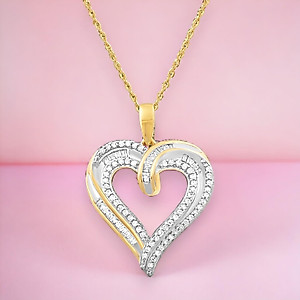 Jewelili 10k Yellow Gold Heart Shape Pendant Necklace with Natural White Round and Baguette Diamonds, 1/4 cttw, 18" Rope Chain