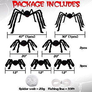 jollylife 7PCS Halloween Decorations Outdoor Fake Giant Spiders - Scary Props for Yard Haunted House Indoor Party Decor Supplies (47”×1pcs, 30”×1pcs, 20”×2pcs, 12”×3pcs)