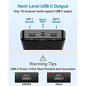 AsperX 2-Pack 15000mAh Portable Charger Power Bank [ USB-C Out and In ] [5V 3A Faster Charging] [ Dual USB A ] Slim High-Speed External Battery Pack for iPhone, Samsung, Android and More (Black+White)