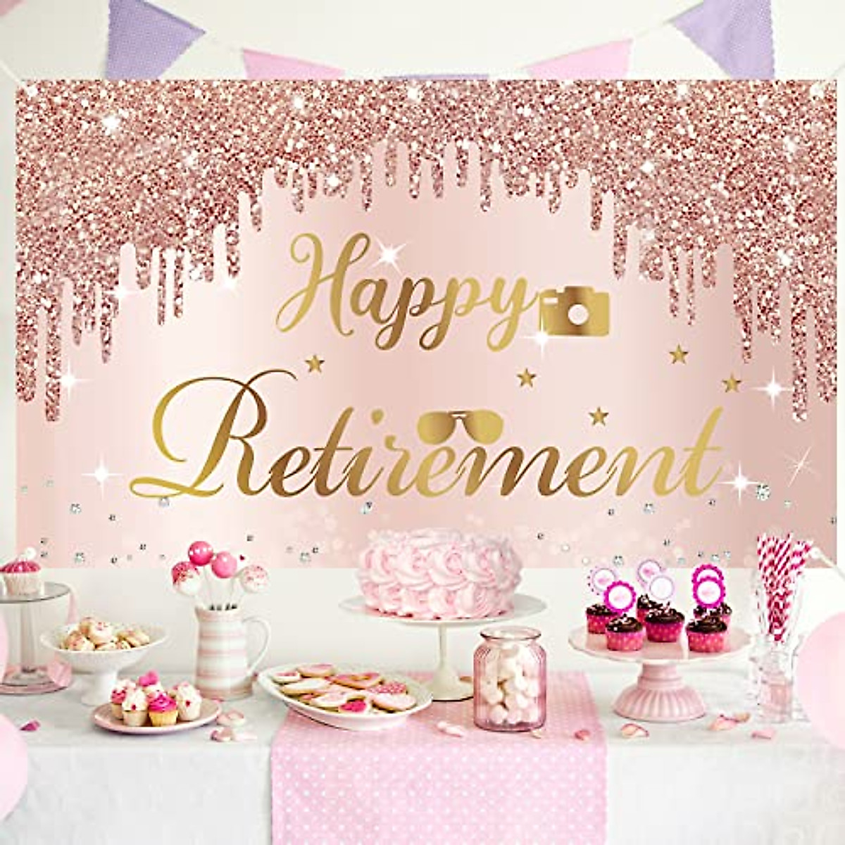 Happy Retirement Party Banner Backdrop Decorations for Women, Pink Rose Gold Retirement Theme Party Supplies, Extra Large Retired Party Photo Booth Poster Background Sign Decor