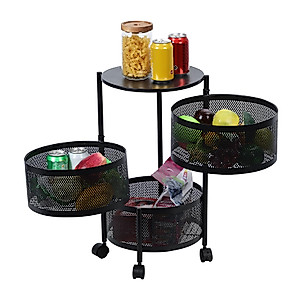 duwiikab Rotating Kitchen Storage Rack No Assembly, Fruit Basket for Kitchen, Metal Storage Tower Basket Shelves Organizer on Rolling Wheels with Removal Drawers for Fruit Vegetable 3 Layer