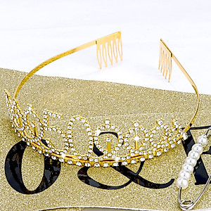 50th Birthday Celebration Set - Gold Pearl Pin, Crown, and Sash - Fabulous Party Favors for Women