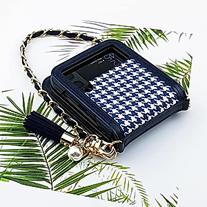 Qoosan Galaxy Z Flip 3 5G Case (2021) Pattern Leather Cover with Card Holder Wallet Hinge Protector Bling Metal Chain Wrist Strap Protective Phone case for Women, Navy Blue