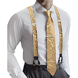 Barry.Wang Men Suspender Set with Necktie Elastic Y Type Heavy Duty 6 Clips Braces Designer Gift (Paisley Gold Flower)