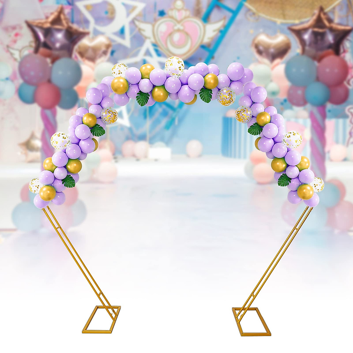 PIAOCAIYIN Hexagon Wedding Arch, 2.2m Metal Frame Backdrop Stand, Gold Backdrop Stand, Garden Arbors for Wedding, Hexagon Arch Display Rack for Party Decorations -Base Size 21.65 * 9.84inch