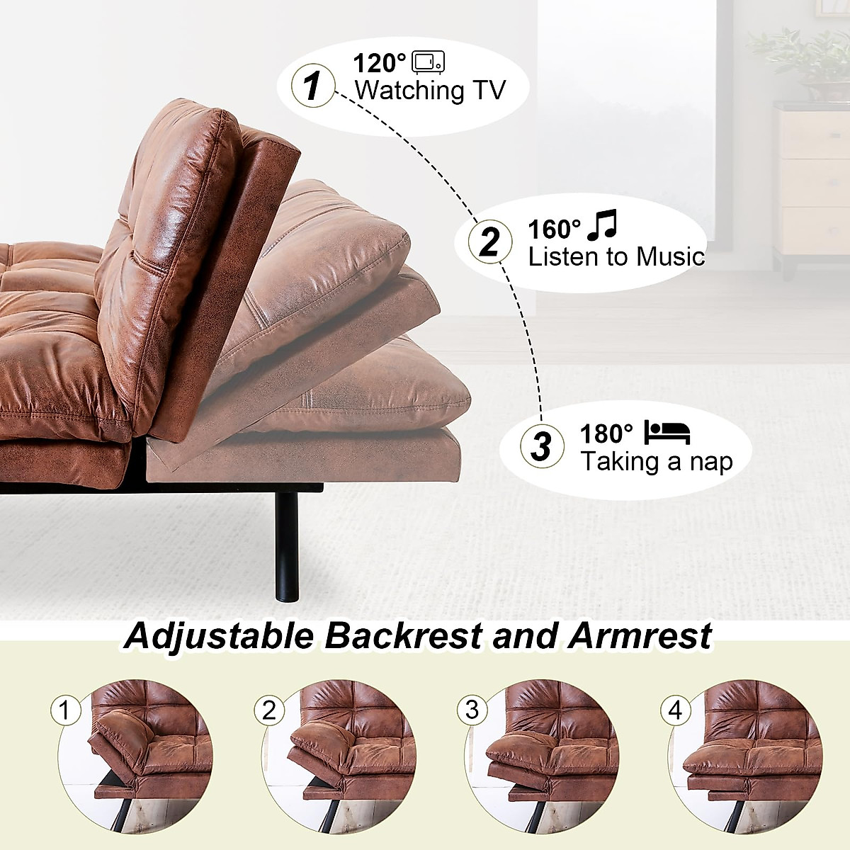 Maxspeed Sofa Bed, Convertible Memory Foam Sofa, Modern Loveseat Sleeper with Adjustable Armrests and Backrest, Faux Leather Futon for Living Room, Office, Small Space, Brown