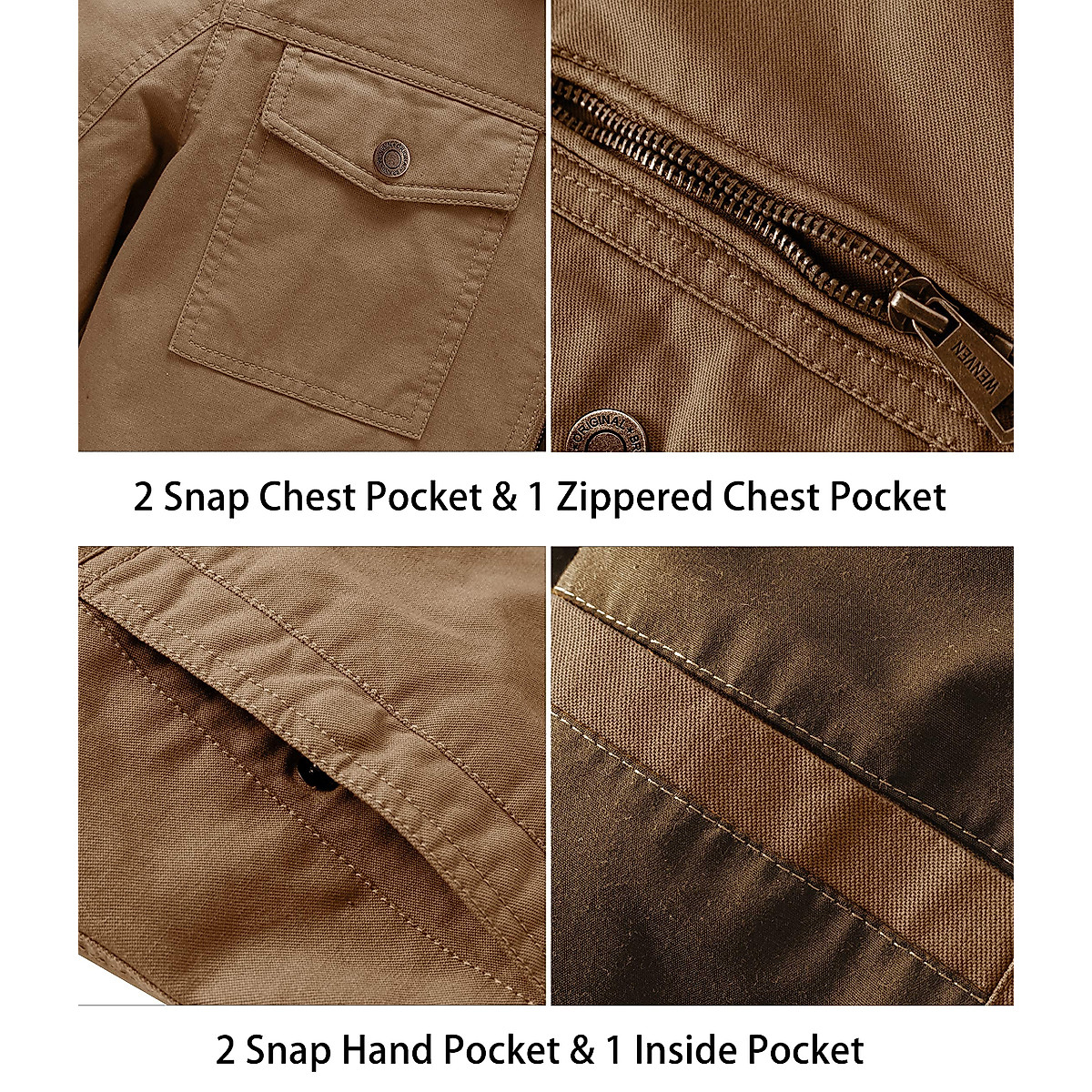 WenVen Men's Flat Collar Casual Cotton Outfit Jacket (Khaki, M)