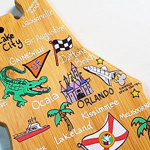 Totally Bamboo Florida State Shaped Cutting Board and Charcuterie Serving Platter with Artwork by Fish Kiss, Includes Hang Tie for Wall Display