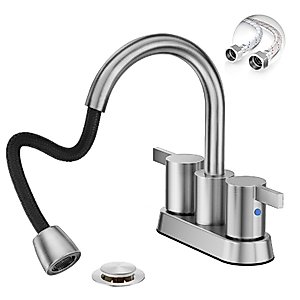 Phiestina Pull Down Sprayer Brushed Nickel Bathroom Faucet, 4 Inch 3 Hole Centerset Pull Out Bathroom Sink Faucet，with 360 Swivel Spout, Metal Pop-Up Drain & cUPC Water Supply Lines, BF04011-K01-GBN