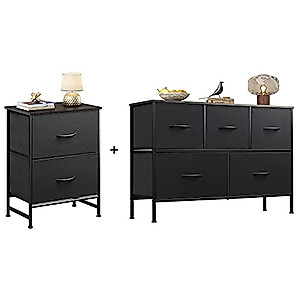 WLIVE 2-Drawer Nightstand and 5-Drawer Dresser Set, Fabric Storage Tower for Bedroom, Hallway, Nursery, Closets, Tall Chest Organizer Unit with Textured Print Fabric Bins, Steel Frame, Charcoal Black