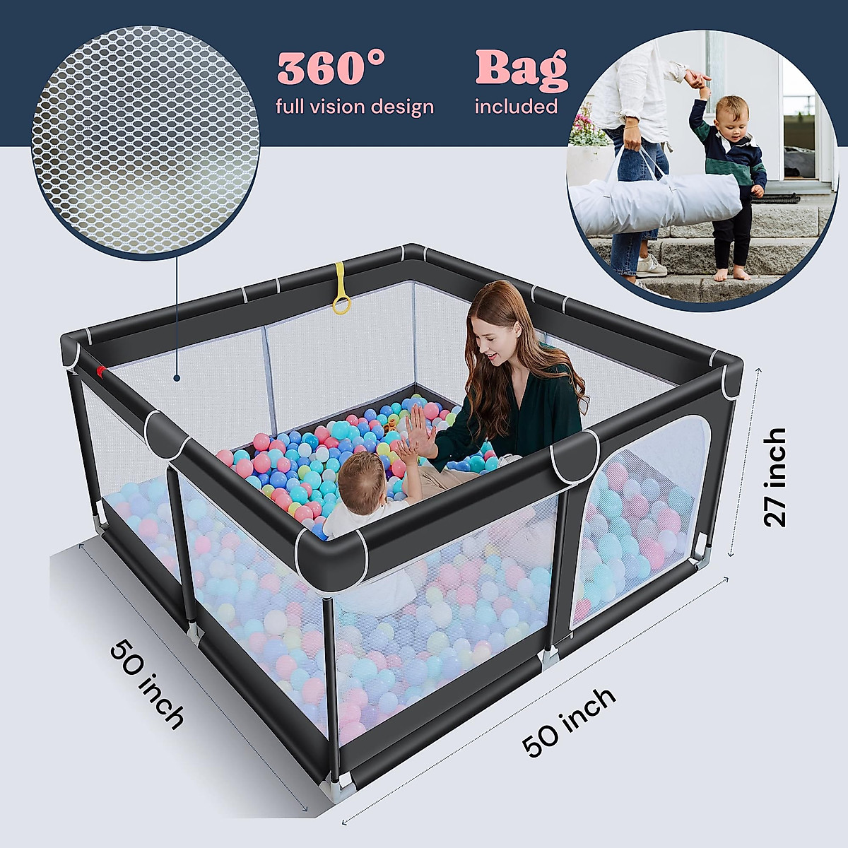 TODALE Baby Playpen for Toddler, Large Baby Play Yard, Safe No Gaps Playpen for Babies,Baby Gate Playpen(Black,50”×50”)