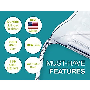 Arrow Home Products Clear Plastic Pitcher, 60 Ounce - 6 Pack Bulk Set for Bars and Restaurants - Space-Saving Stackable Design - Fill with Ice Water, Beer - Made in the USA, BPA Free, Dishwasher Safe