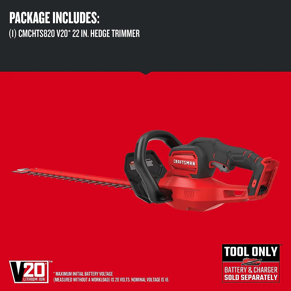 CRAFTSMAN V20 Cordless Hedge Trimmer, 22 inch, Bare Tool Only (CMCHTS820B)