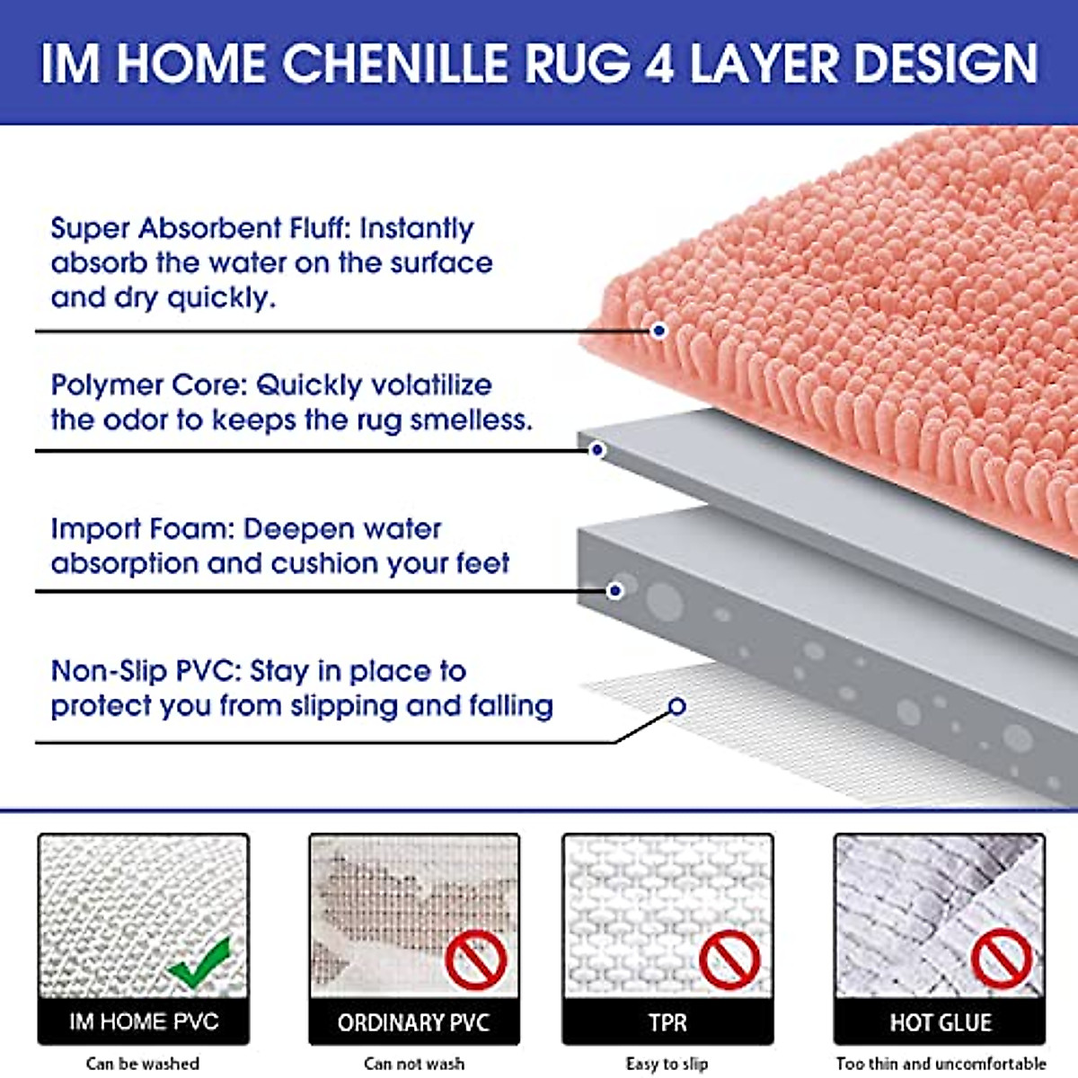 ACCUMTEK Striped Coral Bathroom Rug Set 3 Pieces Ultra Soft, Non Slip Chenille Toilet Mat, Absorbent Plush Shaggy Bath Mats for Bathroom, Bedroom, Kitchen