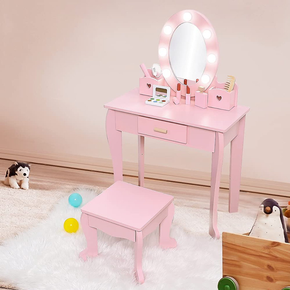 ShiningLove Kids Vanity Set with Mirror,Kids Vanity Table and Chair Set Girls' Makeup Dressing Table with Lights & Wood Makeup Playset for Age 4-9 Years