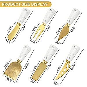 Golden Cheese Knife Set 6 Piece, Marble Handle Butter Spatula Knives, Cheese Spreader Cutter with Ergonomic Ceramic Handle, Cheese Shaver and Fork for Birthday, Wedding, Party (White)
