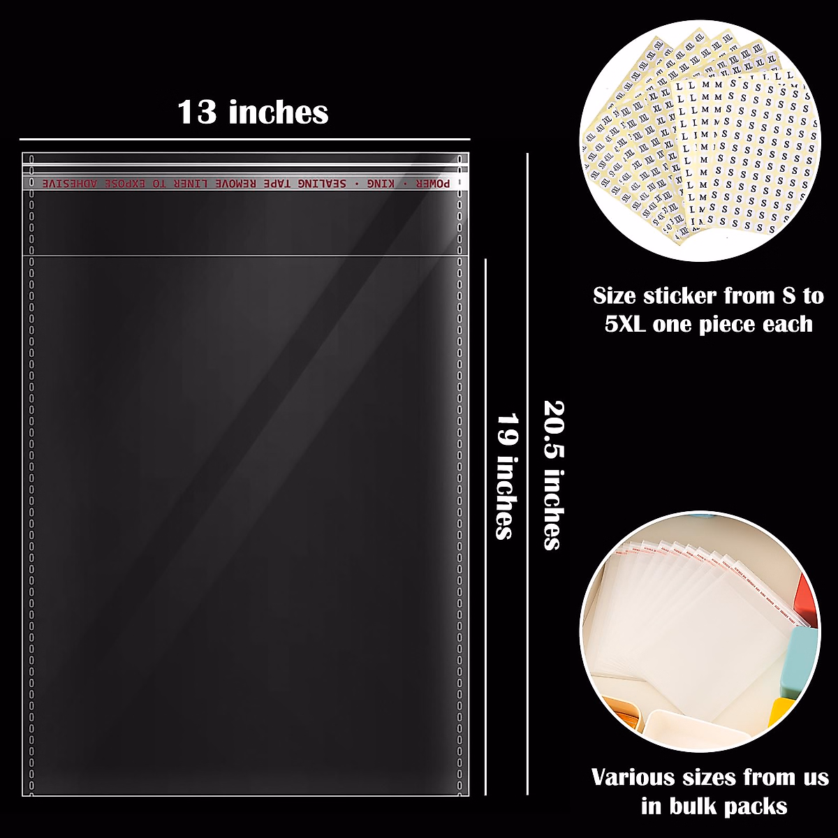 13" x 19" Large Resealable Cellophane Bags 200 pcs, Self Sealing Clear Bags for Packaging Products Self-adhesive Cello Bags for Clothes, T-shirts, Pants and Gifts